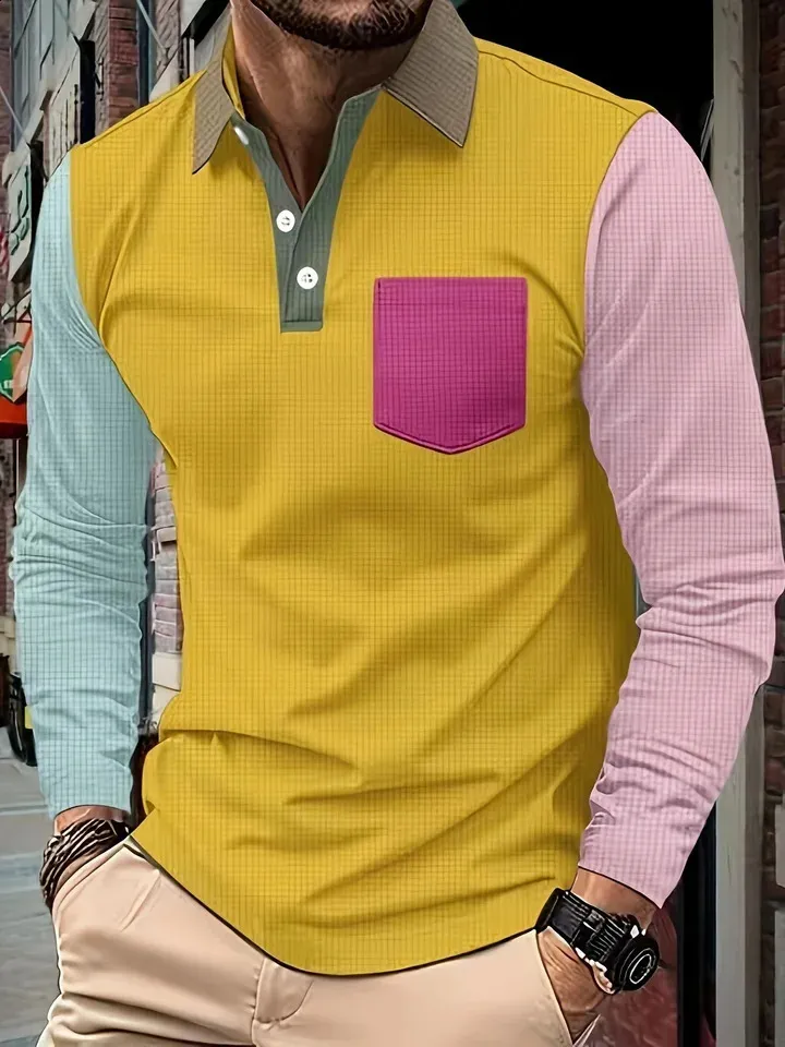 Spring and Fall Men's Fashion Polo Shirt Colorful Patchwork Fun Clothes ...