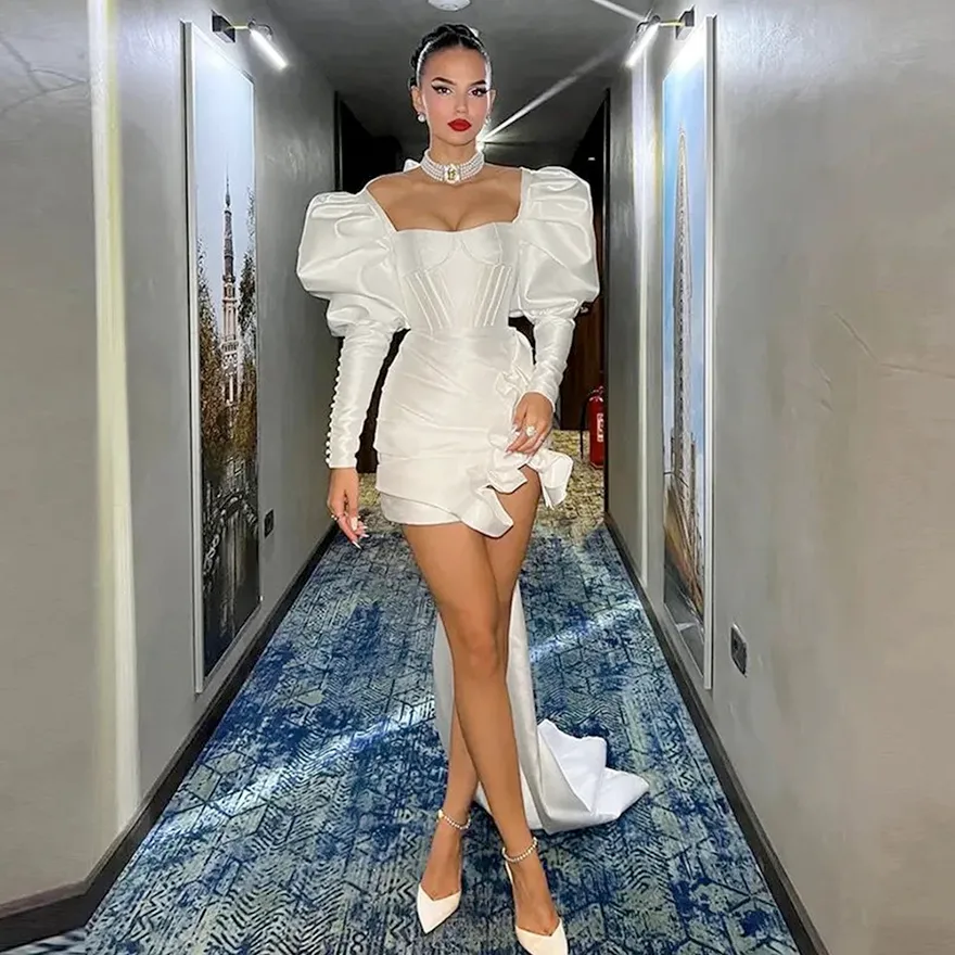 Square Neck Satin Short Wedding Dress for Women with Long Capped ...