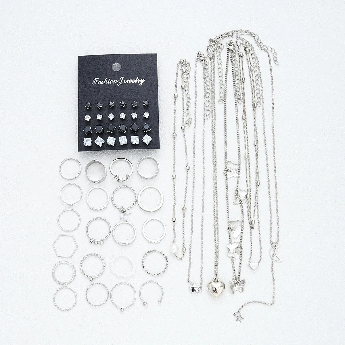51-Piece Silver Color Geometric Jewelry Set for Women Alloy Necklaces ...