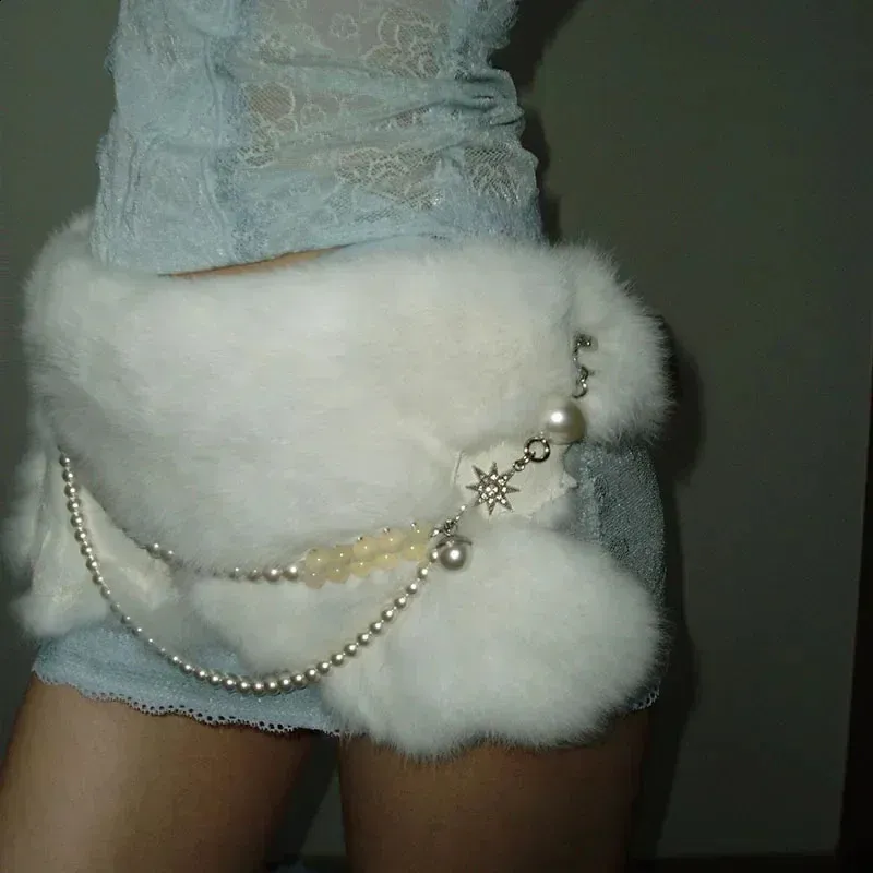 Genuine Leather Y2K Furry Belt with Pearl Chain and Golden Striped ...