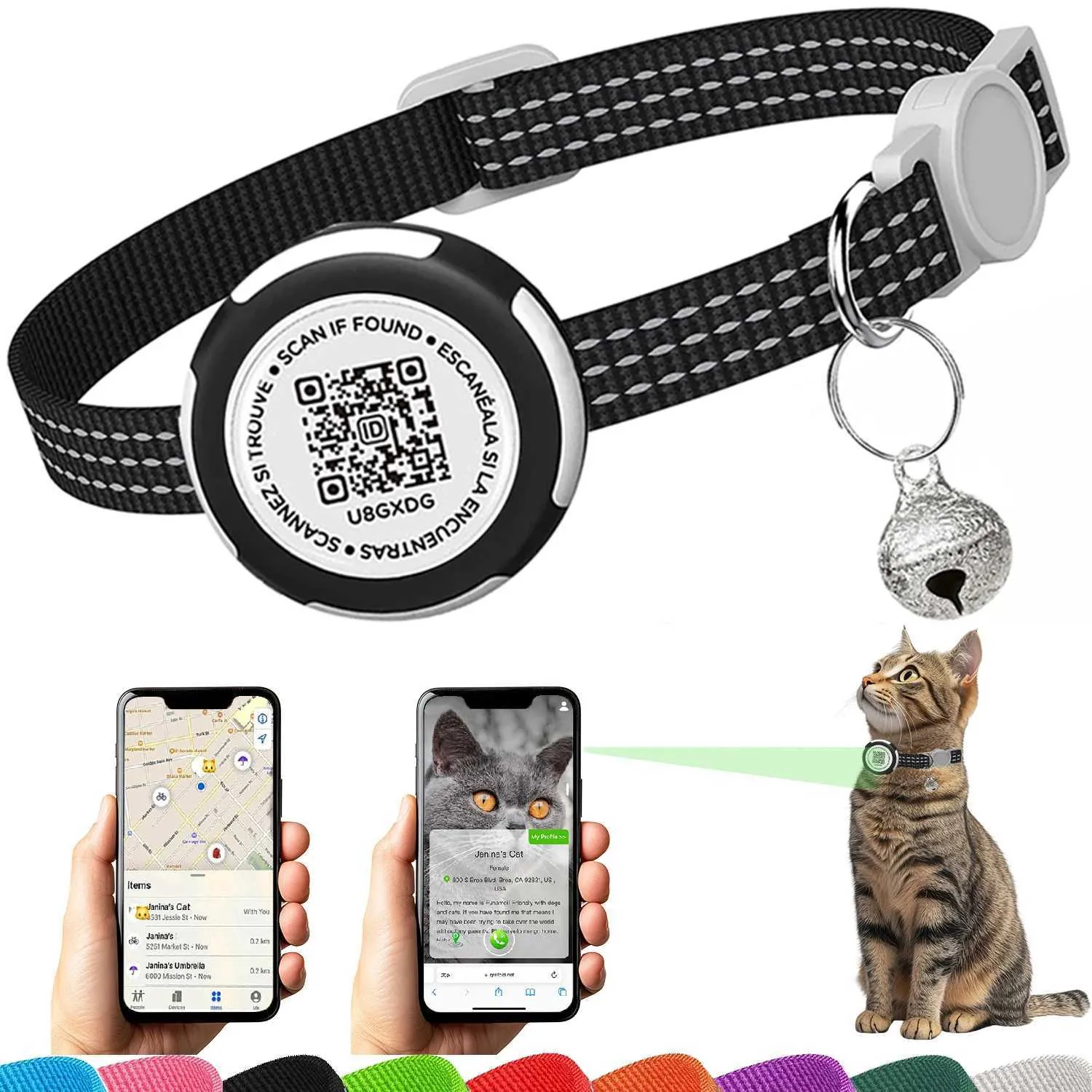Reflective Cat Collar with AirTag Holder & QR Code ID - Anti-Lost GPS ...