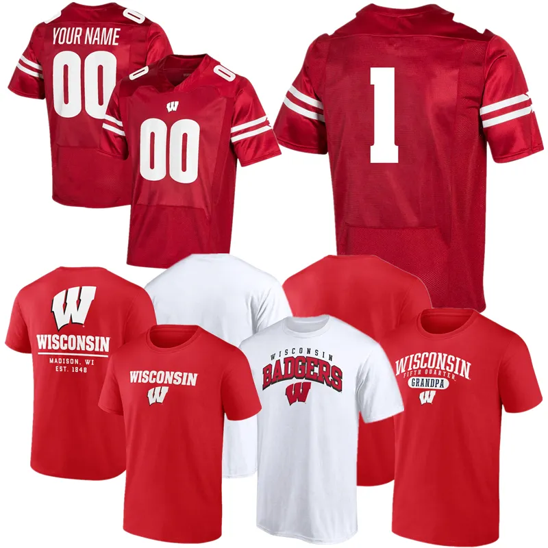 Wisconsin Badgers Football Jersey Custom USA American Football T Shirt ...