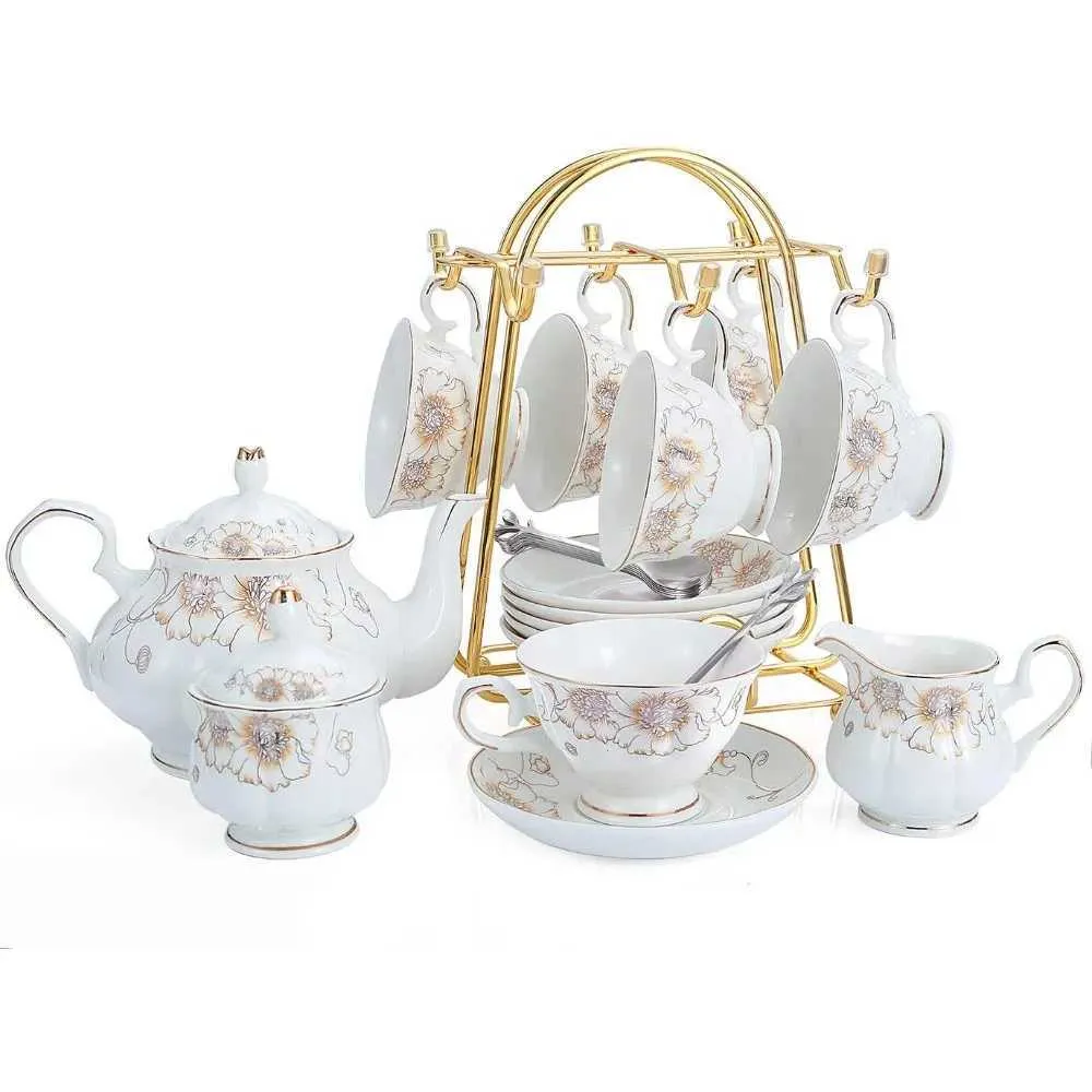 22-Piece Ceramic Tea Set with Teapots, Milk, Oil Tanks, and Tea Spoons ...