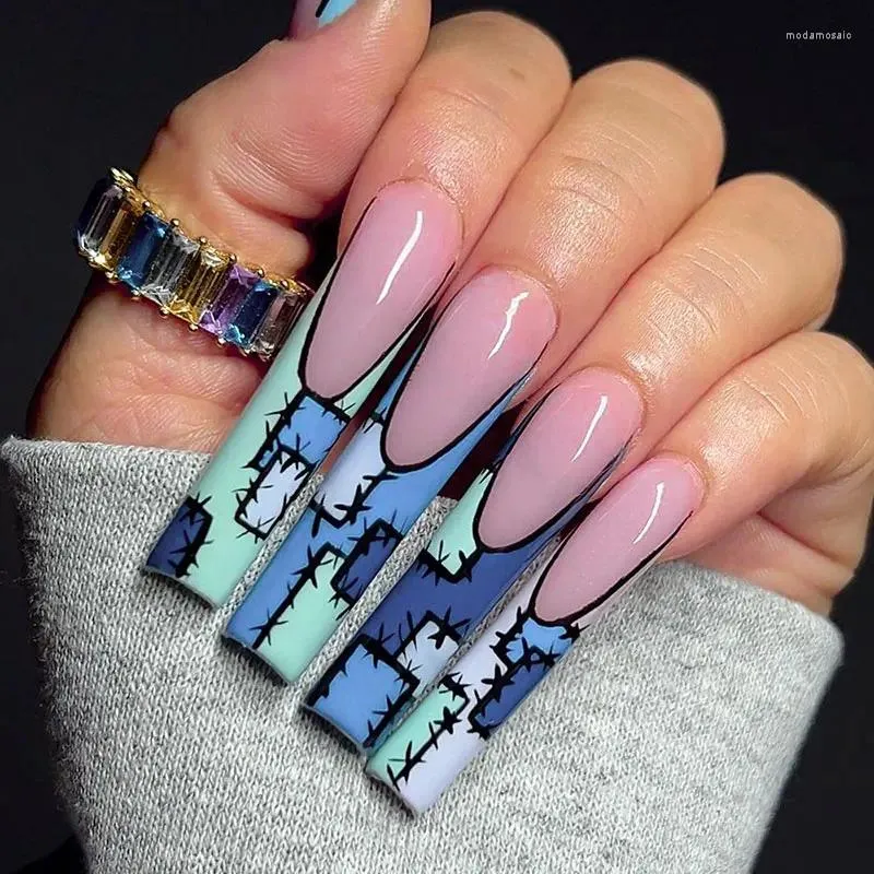 Extra Long French Ballet False Nails At Home /Box, Cool Color Patchwork ...