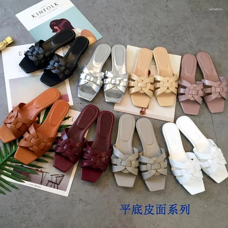 Female Slippers For Women Soft Leather Woven Summer Wear With Flat ...