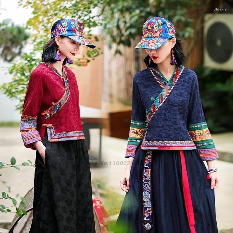 2024 Chinese Hanfu Tops With National Flower Embroidery Ethnic Cotton ...