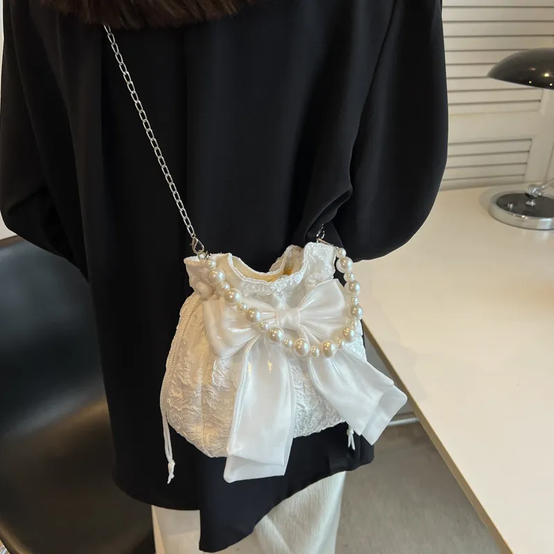 Chic Bow Accent Crossbody Bag - Fashionable Beaded Chain Bucket Bag for ...