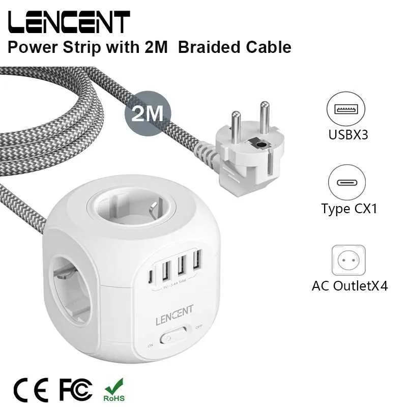 LENCENT Power Board With 4 AC Socket Internet, 3 USB Ports, Type C 2M ...