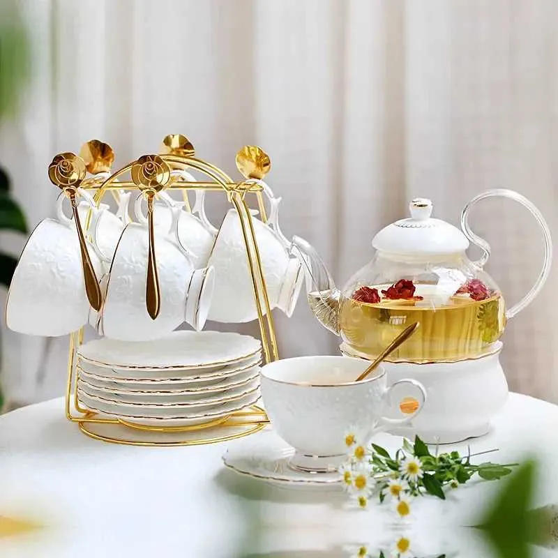British Rose Embossed Tea Set: European Ceramic Teapot, Cups, Tray ...