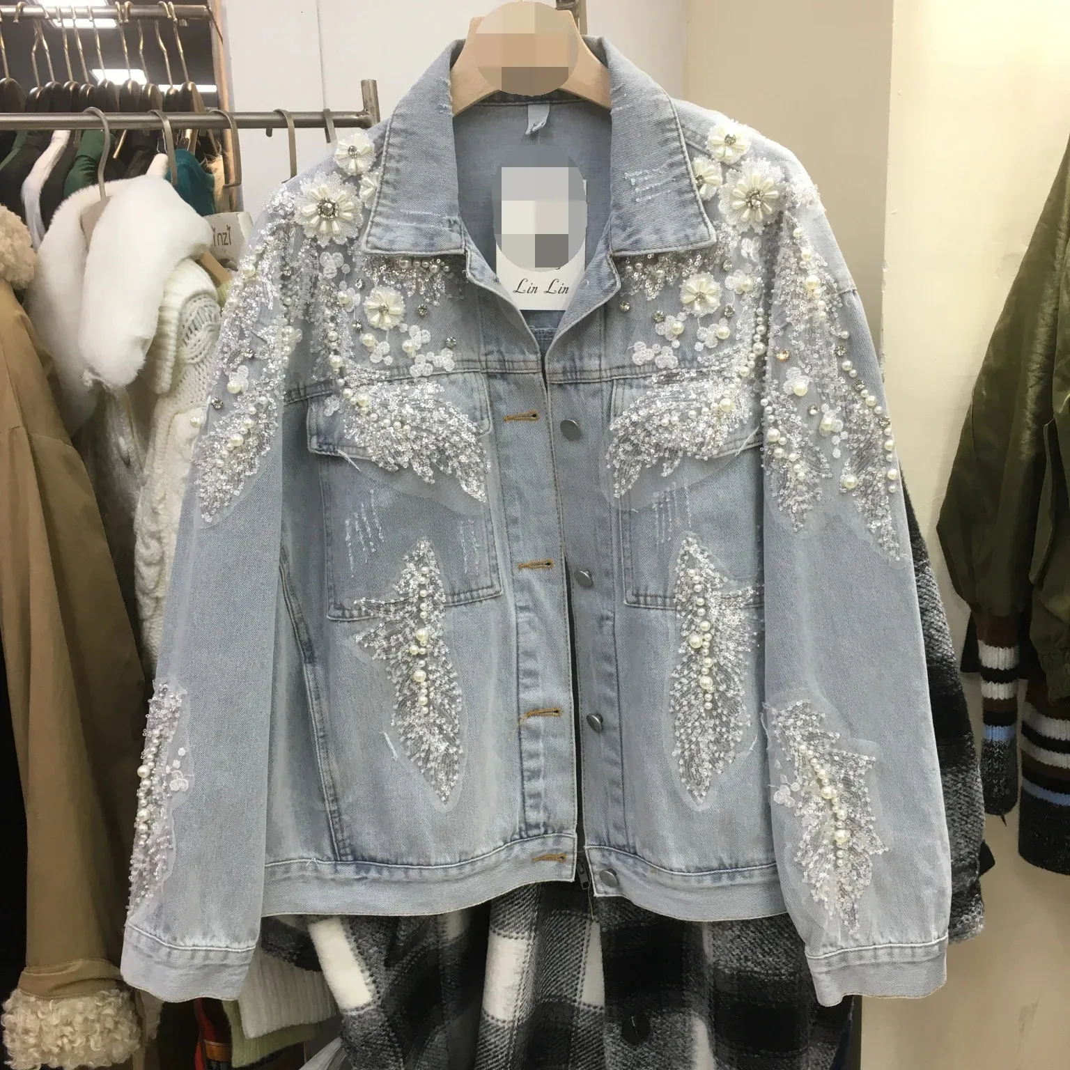 Women Pearl Beaded Lace 3D Floral Embroidery Sequin Denim Coat ...