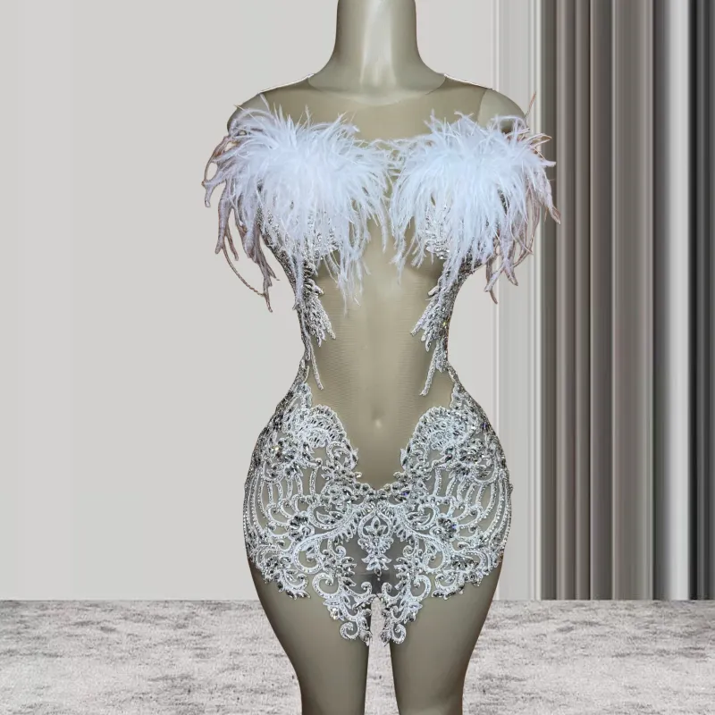 Sexy Sheer Feather Short Prom Dresses For Black Girls See Through Crystals African American ...