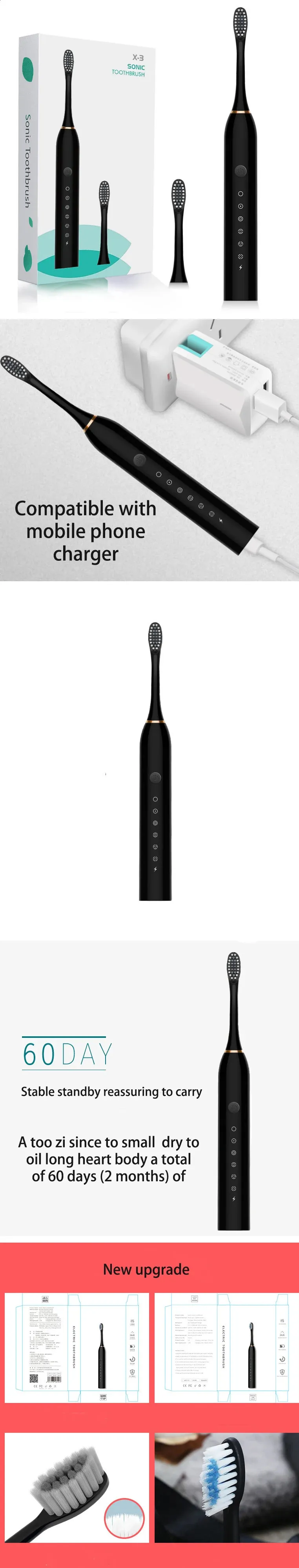 Black Electric Sonic Toothbrush: 4 Brush Heads, USB Rechargeable ...