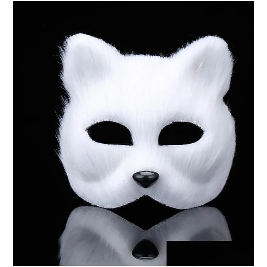Party Masks Faux Fur Cat Fox Mask Furry Animal Cosplay Half Face ...