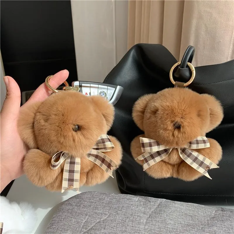 Korean Style LuxuryReal Furry Bear Keychain Pendant, Fluffy Plush Doll ...