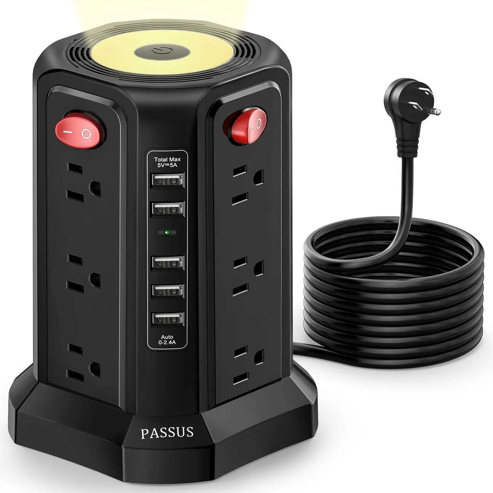 12-Outlet Surge Protector with 5 USB Ports, 10 ft Extension Cord, Night ...