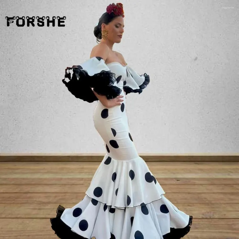 Flamenco White Evening Mermaid Dress | Off-Shoulder Ruffles Polka Dot ...