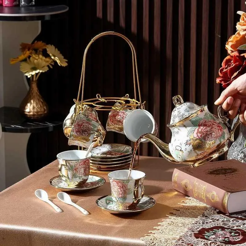 DHgate.com:European Floral-Print Ceramic Tea Sets with Metal Brackets (20-Piece):Home & Garden