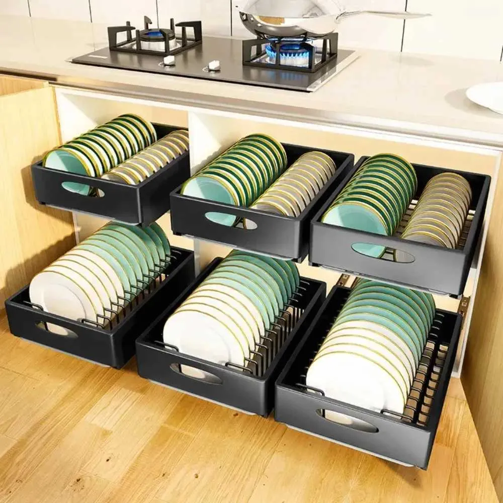 Pull-out Kitchen Drawer Dish Rack and Storage Rack, Tableware Organizer ...