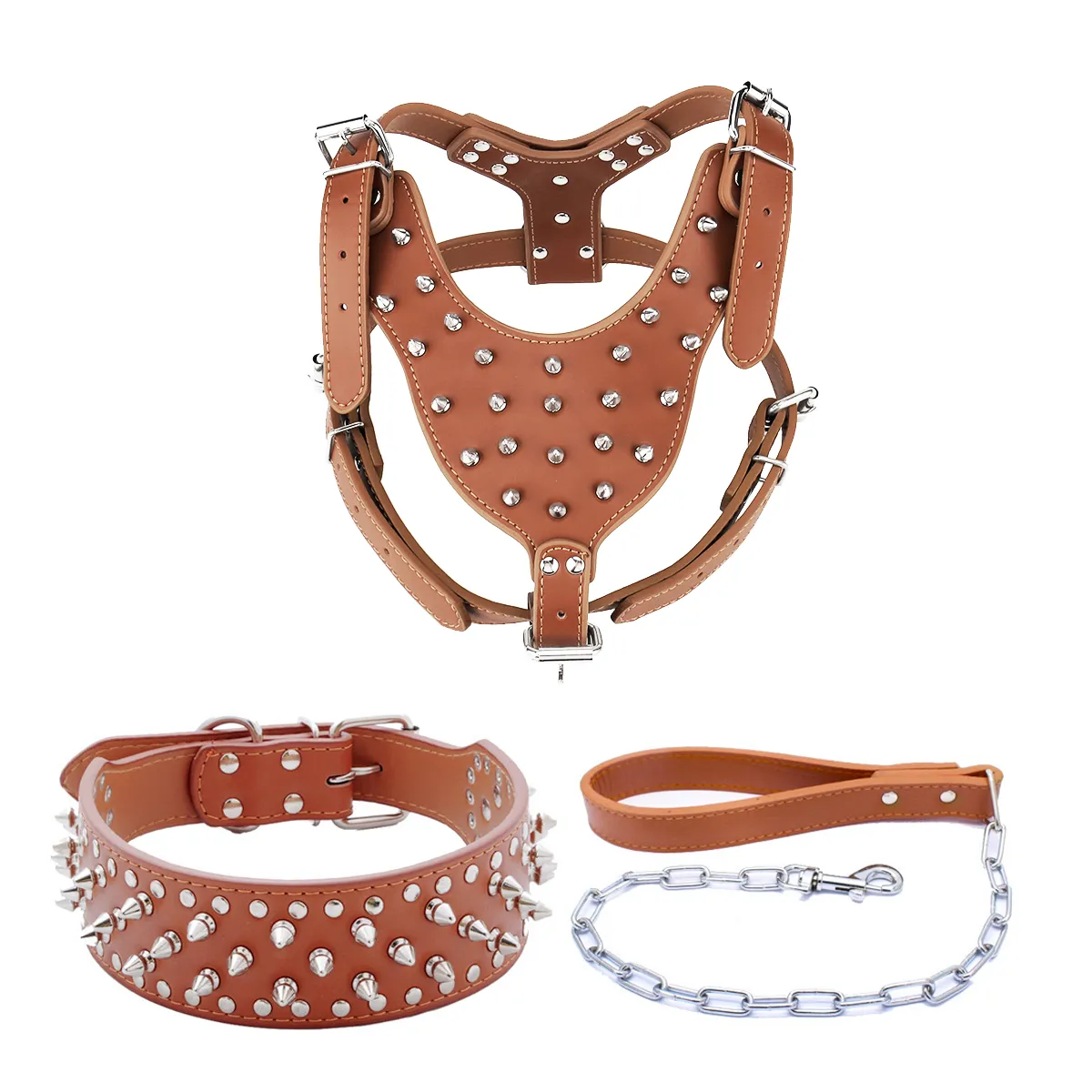 Leather Spiked Studded Dog Collar Harness and Chain Leash Set for ...