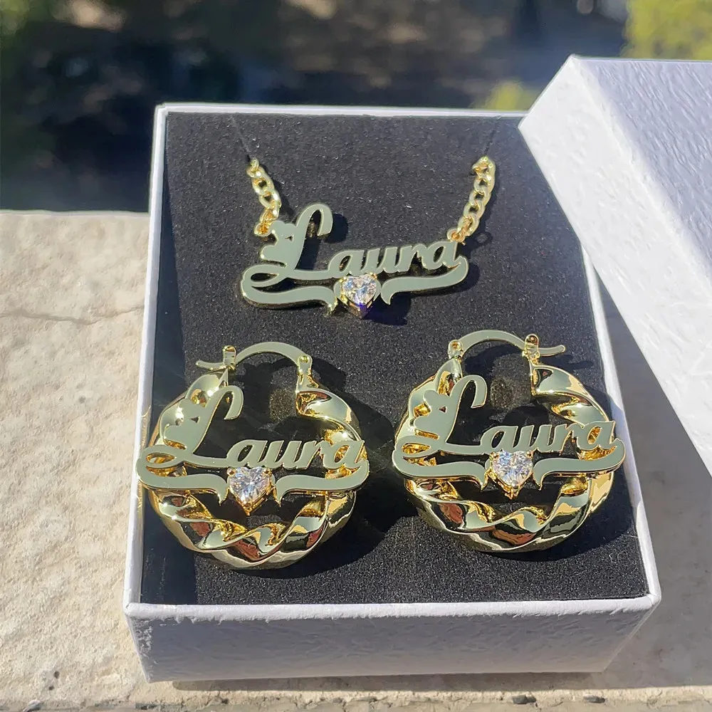 Zircon Name Jewelry Set: Custom Hoop Earrings & Nameplate Necklace for ...