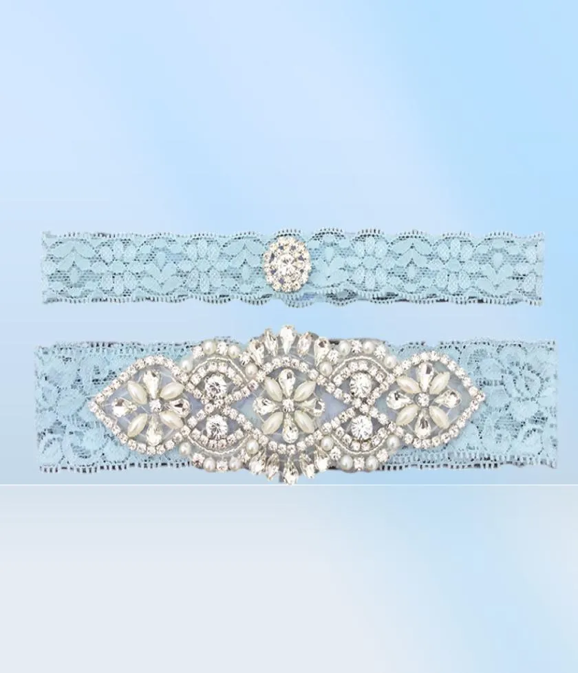 Blue Bridal Garters Lace Belt with Crystals and Pearls for Bride, Fits ...