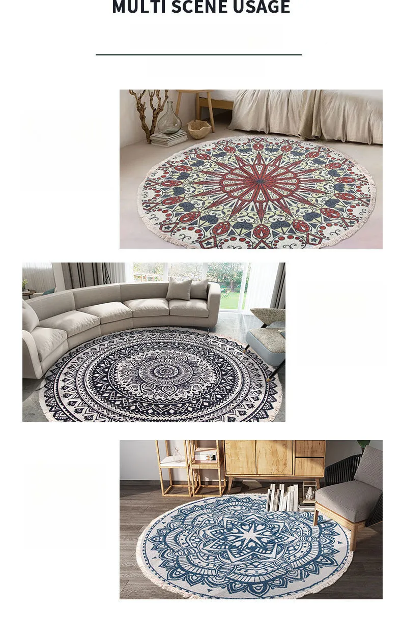 Designer Ethnic Living Room Rug Round with Fringe, Coffee Table Mat for ...