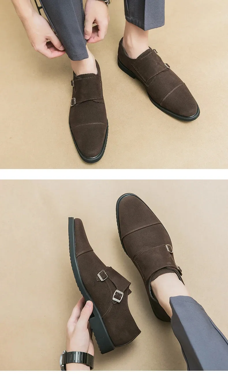 Men's Black Flock Monk Shoes | Double Buckle Slip-On Loafers for ...