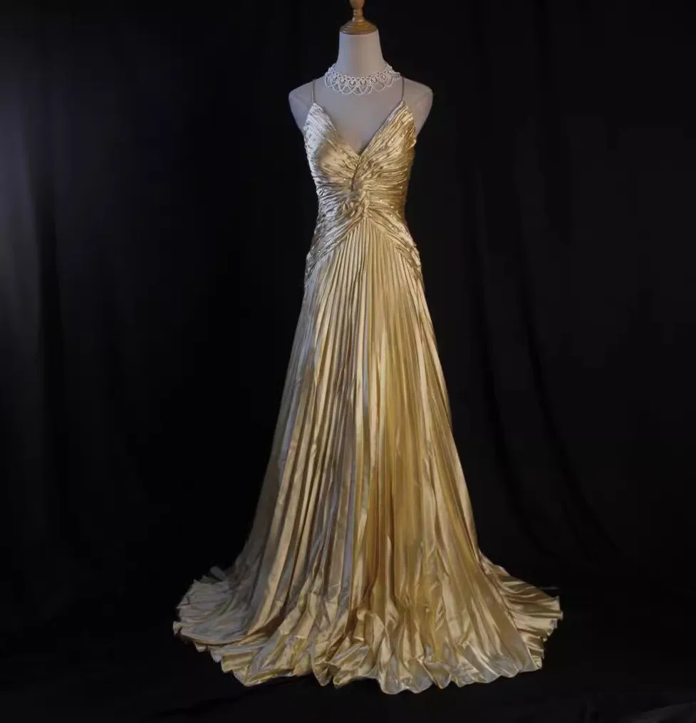 Gold Prom Dresses: V Neck Satin Evening Gown With... From Babynice666 ...