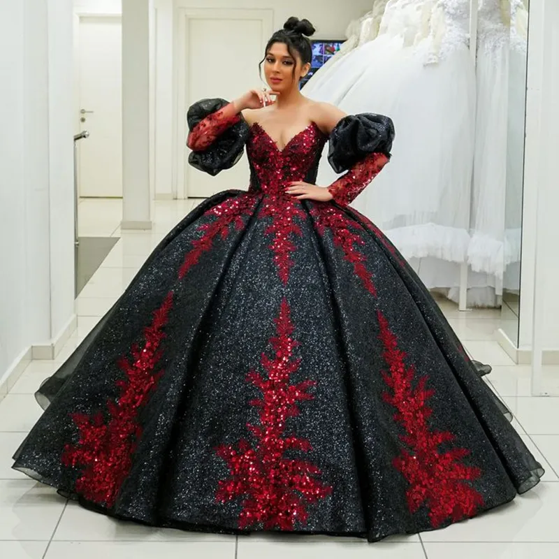 Gothic Black Sequined Ball Gown Wedding Dresses With Burgundy Lace ...