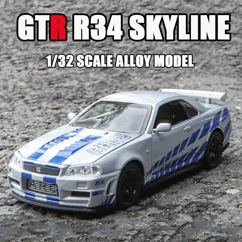 Diecast GTR R34 SKYLINE Fast Alloy Simulation Car Model 1:32 Scale Toy ...