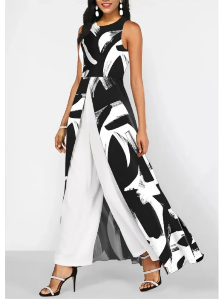 Summer For Womens Color Matching Sleeveless O Neck Slim Jumpsuit Casual ...