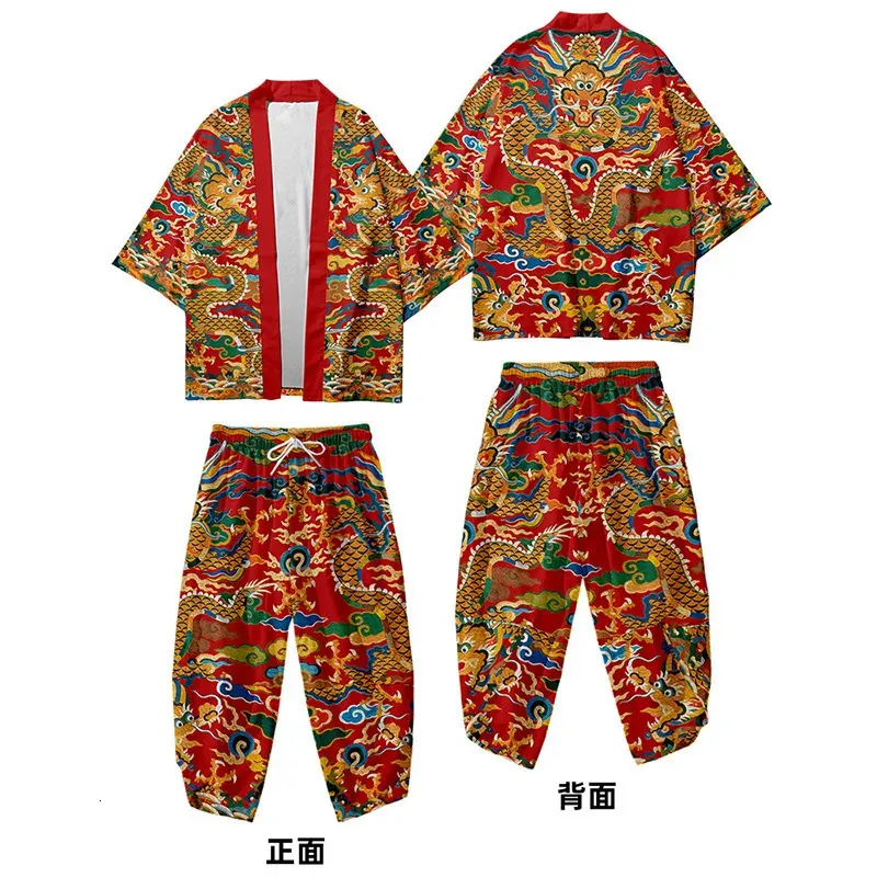 Dragon Printed Cardigan And Tapestry Pants Set For Cosplay And Harajuku ...
