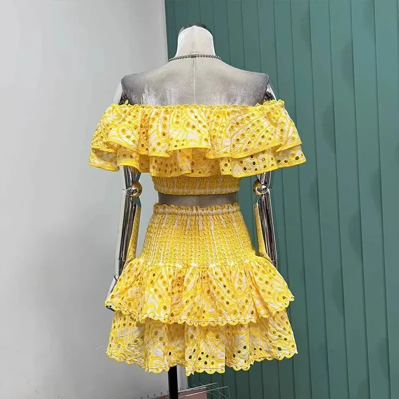 Summer Holiday Women's Two-Piece Set: Slash Neck Layered Ruffle Elastic ...