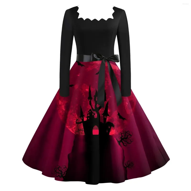 Women's Halloween Maxi Dress - Long Sleeve Flare Party Dress, Spooky ...
