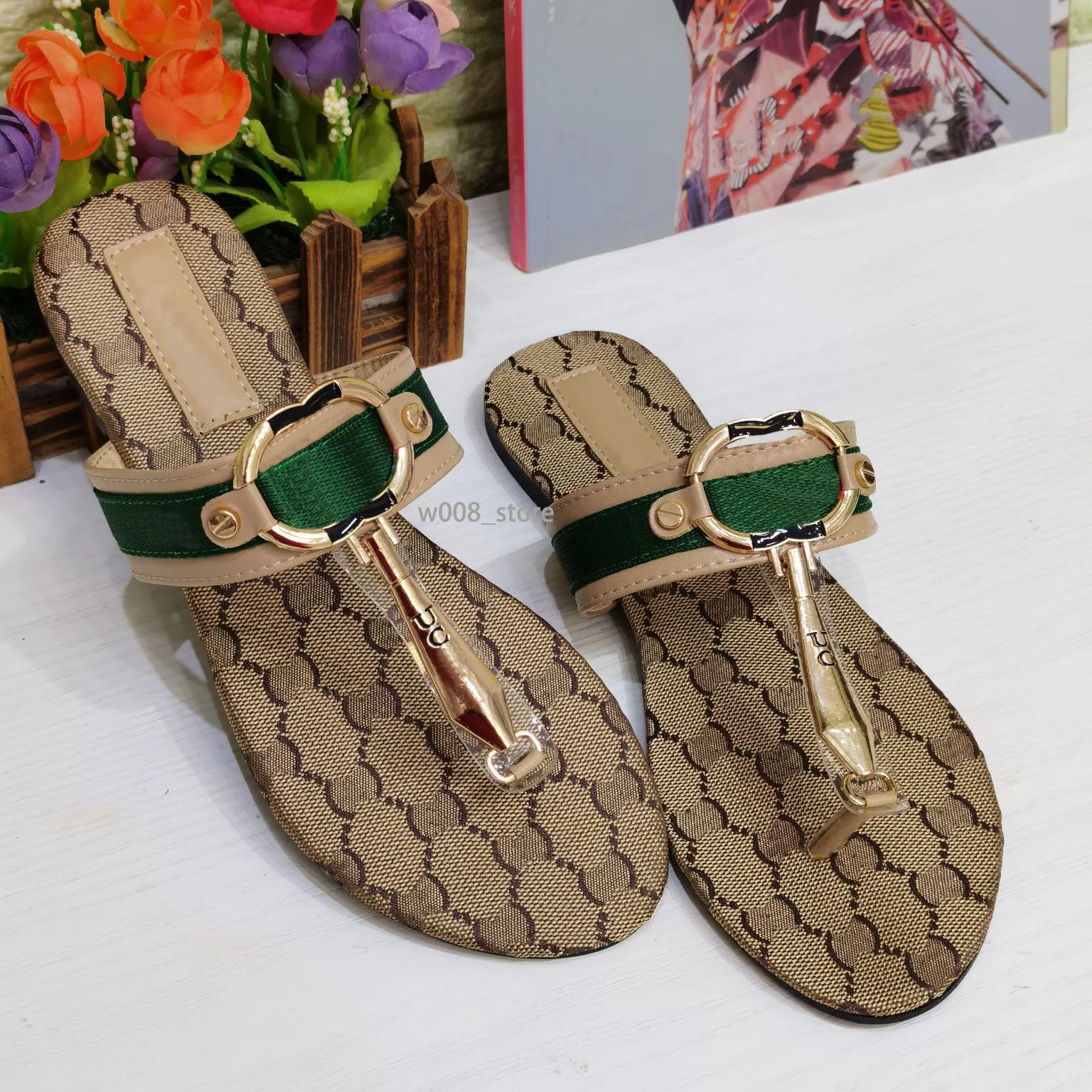 Designer Embroidered Leather Slides For Women Italy Summer Olive Green ...