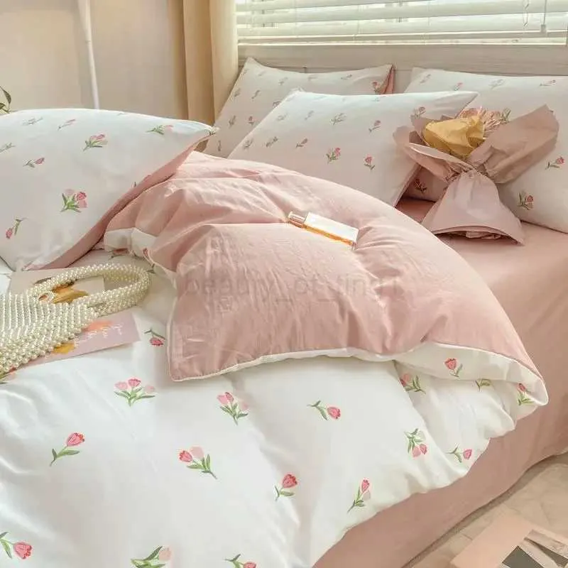 Pink Tulip King Bedding Sets Clearance For Girls Twin Full Queen Size With Flat Sheet Pillowcase Floral Duvet Cover And Linen No Filling Included XQ240708 From Beauty of ting1 16.16 DHgate.Com