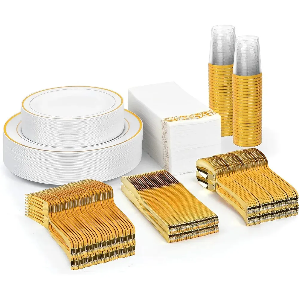 DHgate.com:Gold Disposable Dinnerware Set | 350-Piece Plastic Tableware ...