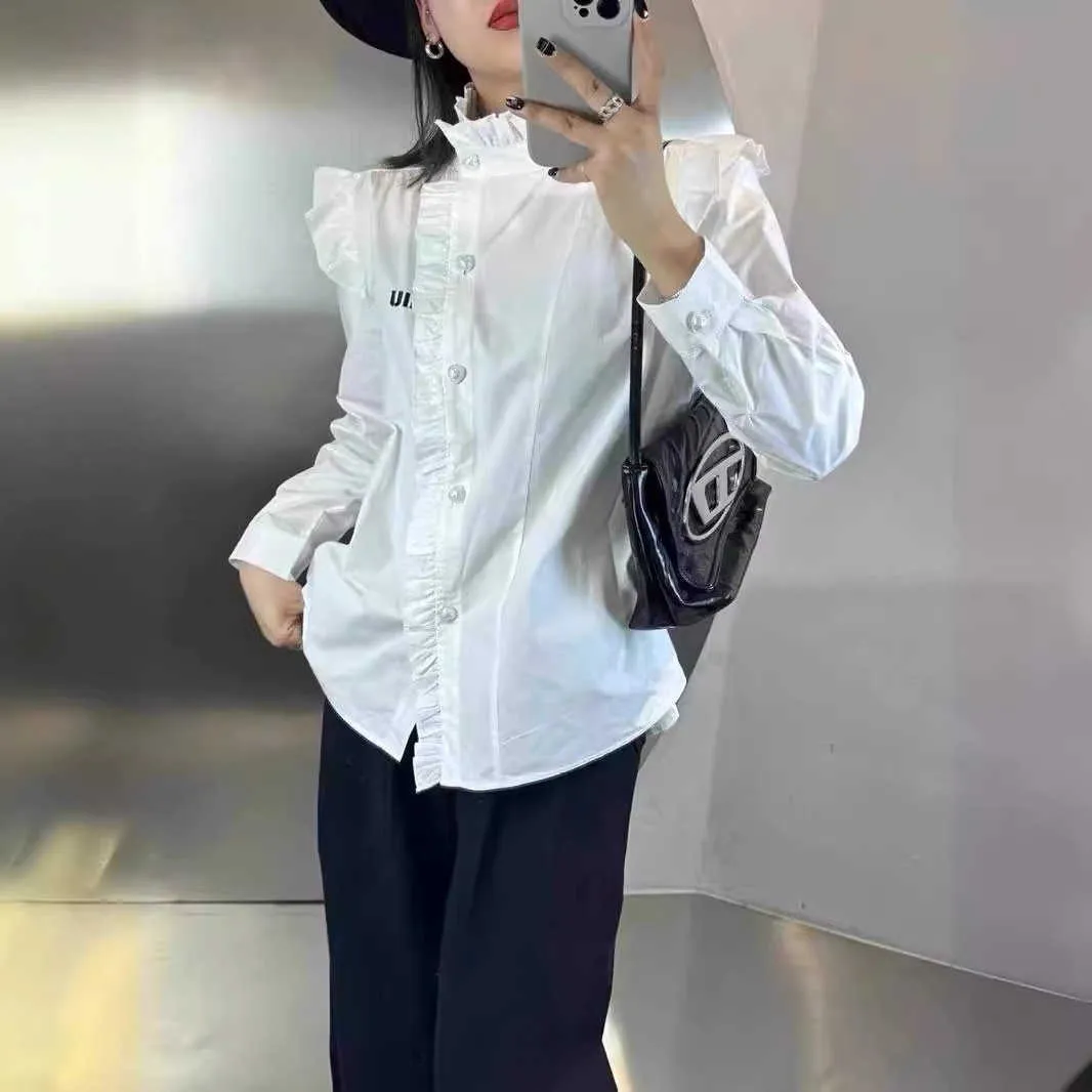 French Ruffle Edge Embroidered Bubble Sleeve Silk Button Down Shirt For ...