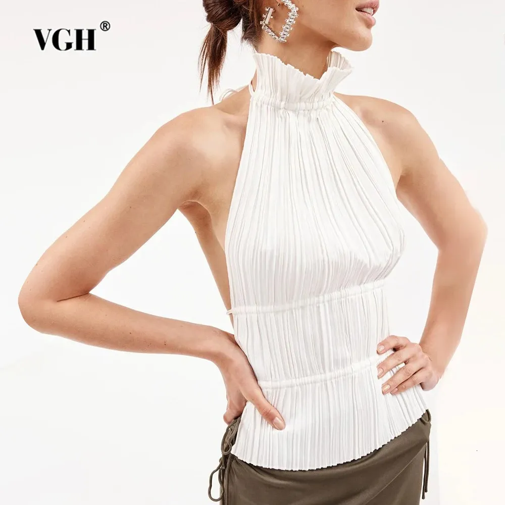 Vgh Solid Patchwork Folds Sexy Tank Top For Women, Halter Sleeveless ...
