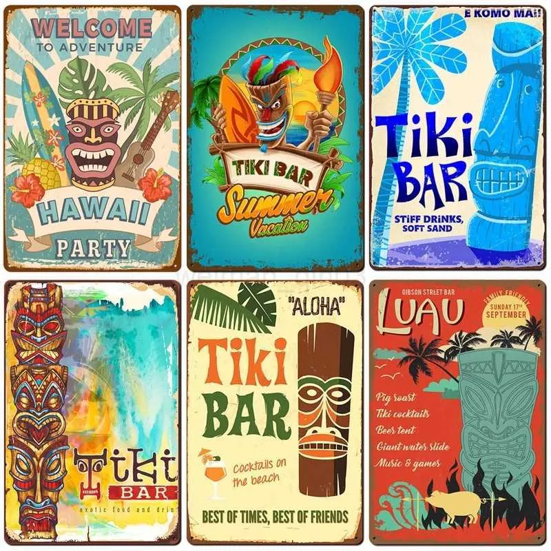 Aloha Tiki Bar Tin Foil Painting Tin Sign Vintage Beach Party Holiday ...