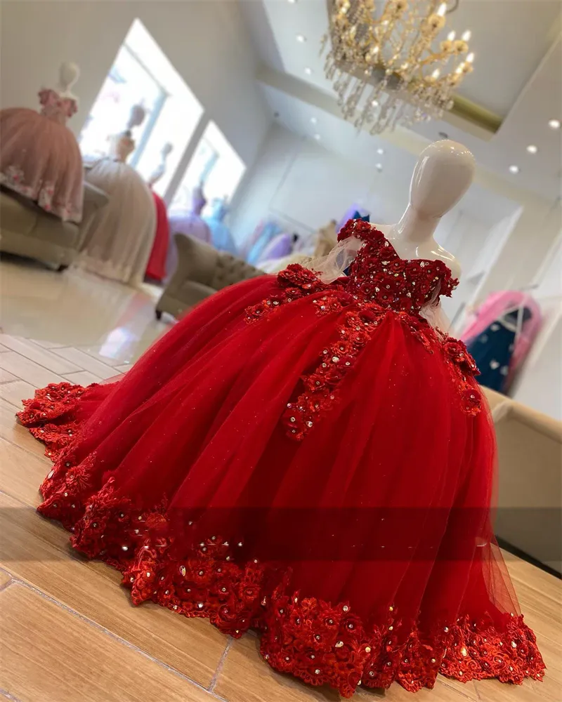2025 Red Off Shoulder Ball Gown Flower Girl Dresses For Wedding Kids ...