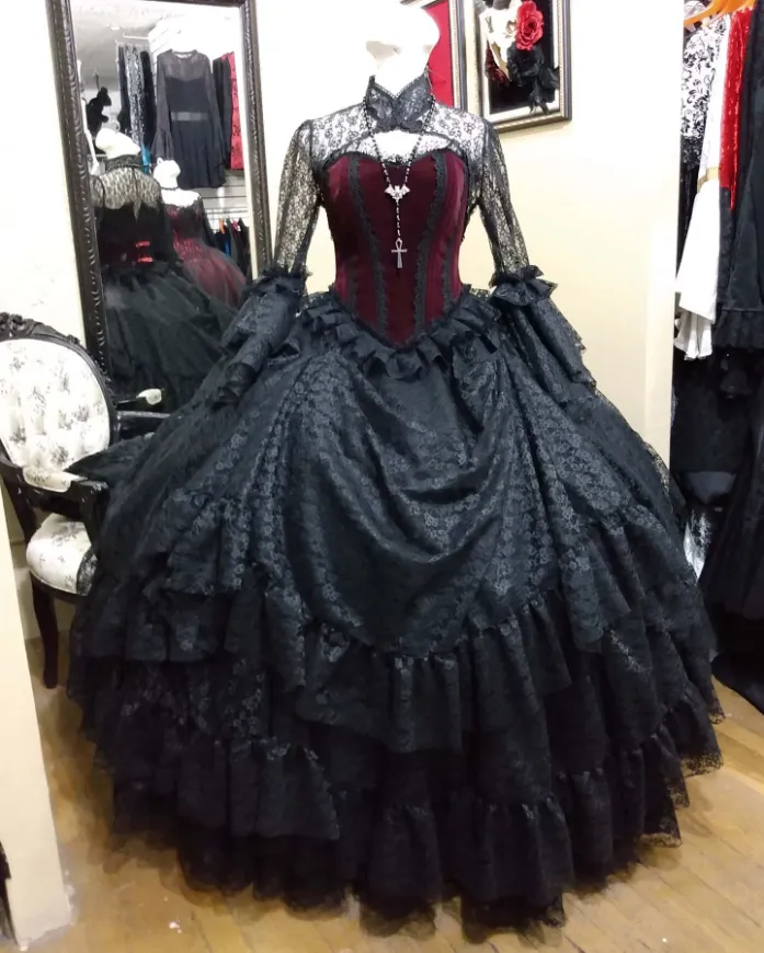 Classic Black Red Rococo Prom Dresses Medieval Vintage Victorian Lace ...