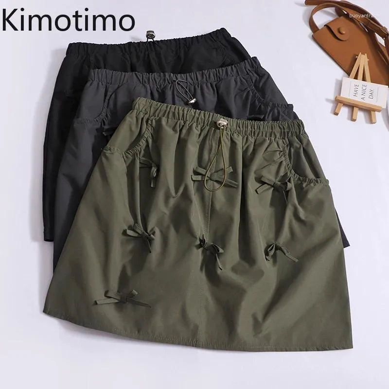 Kimotimo Safari Style Drawstring Skirts With Pockets For Women Elastic Waist Bow A Line Mini ...