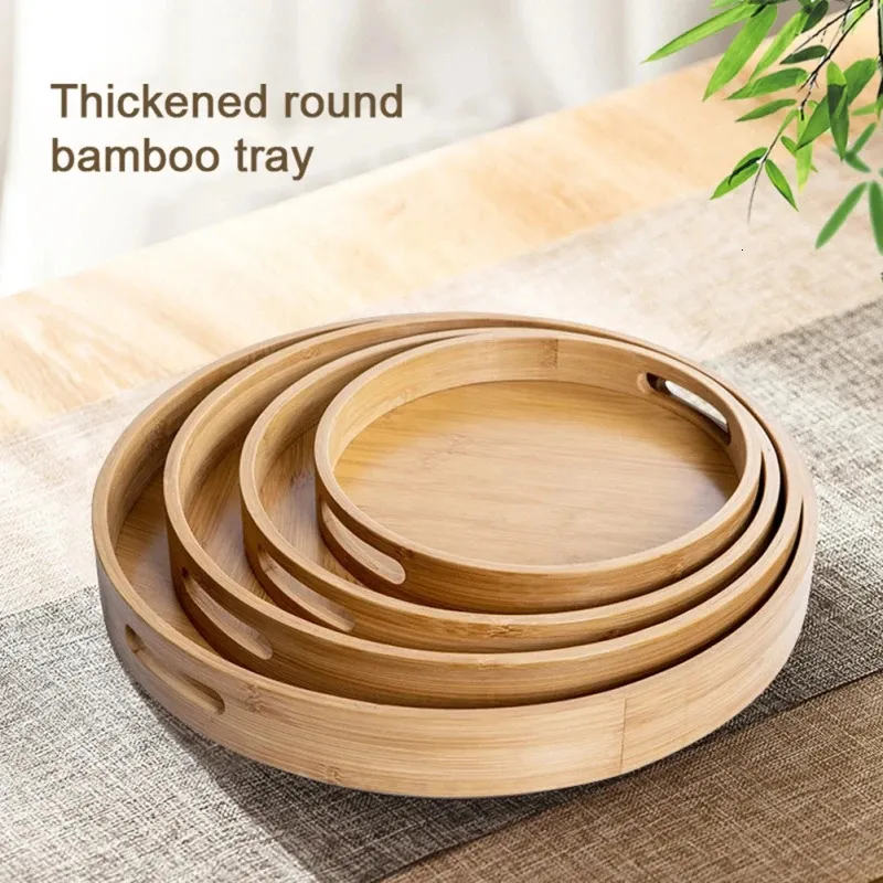 Bamboo Round Round Wooden Tea Tray Simple Wooden Storage For Home ...
