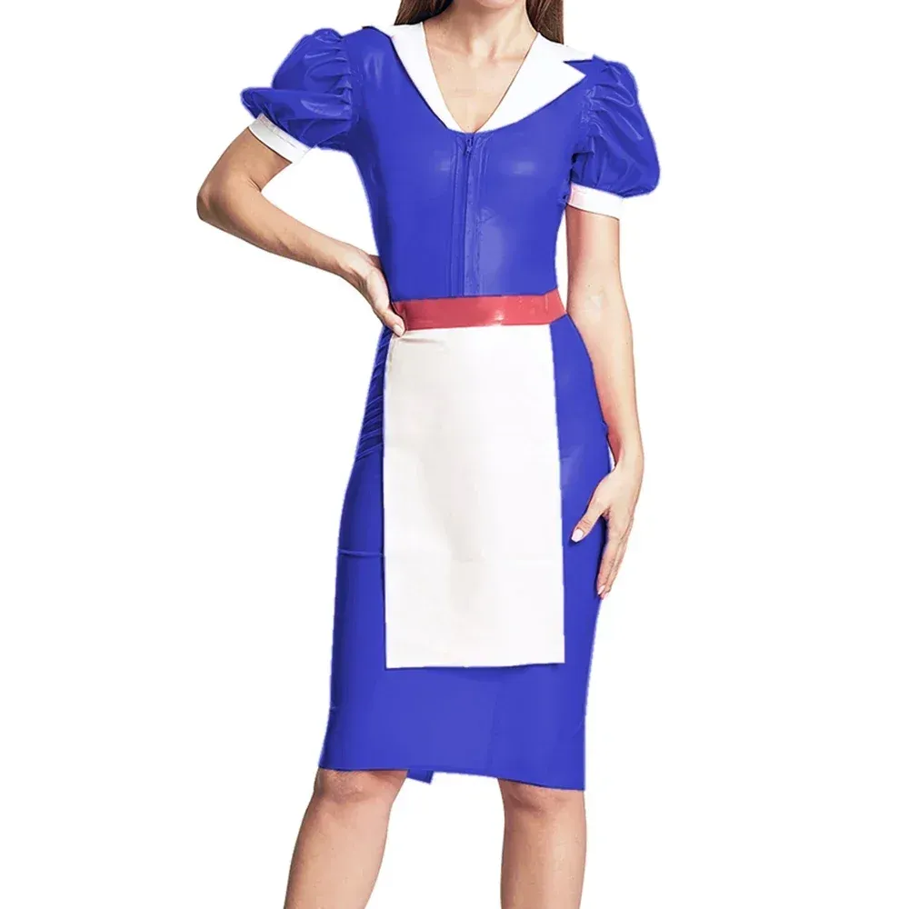 PVC Polyester Maid Costume with V-neck Lapel, Short Sleeves, Front ...