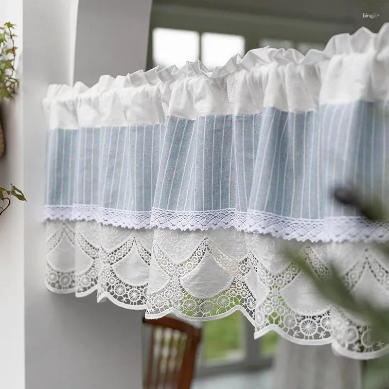 Curtain Modern Blue White Striped Pattern Embroideried Lace Short ...