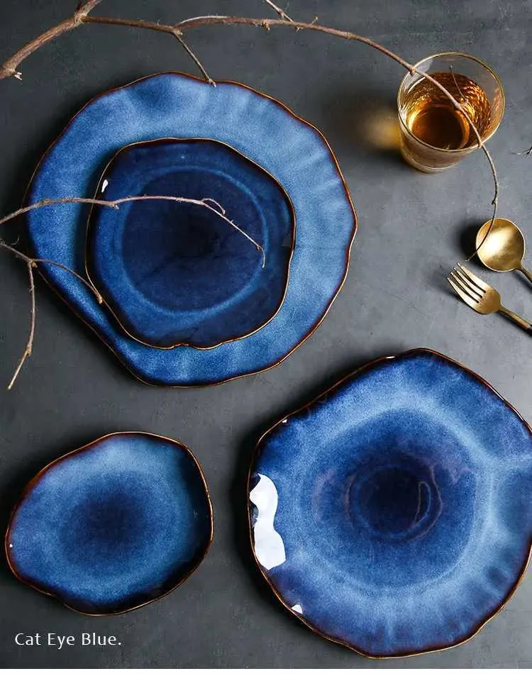 Ceramic Plates Deep Blue Irregular Flat Plate Pottery Dish Household ...