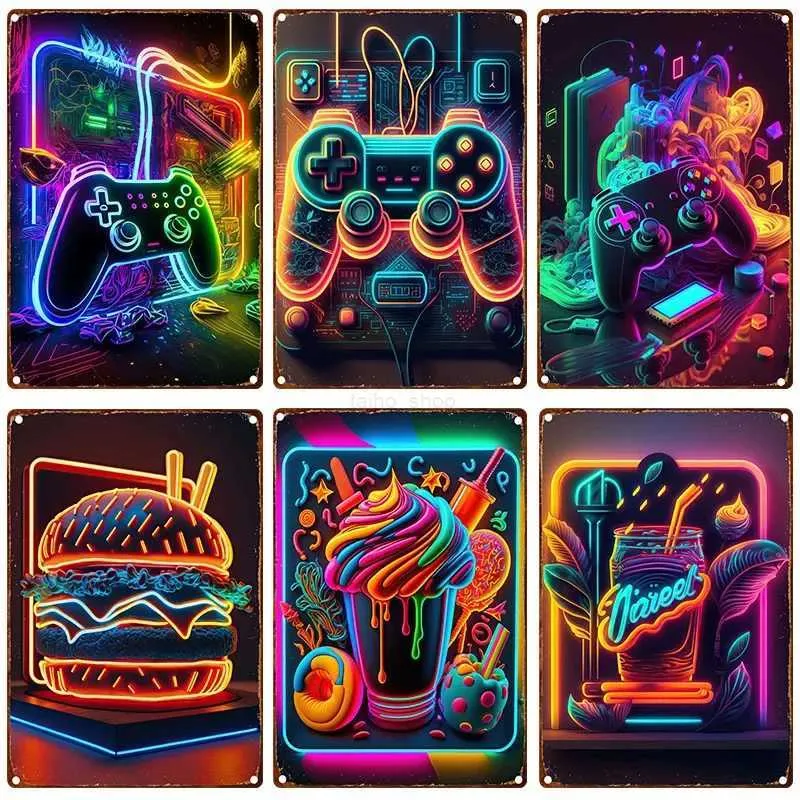 Gaming Zone Metal Tin Signs - Neon Gamer Decor, Eat Sleep Game Repeat ...