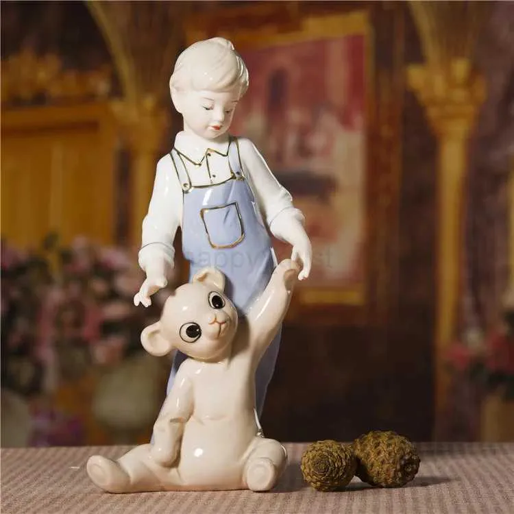 Handmade Ceramic Figurines Boy And Teddy Bear Figurines Perfect For ...