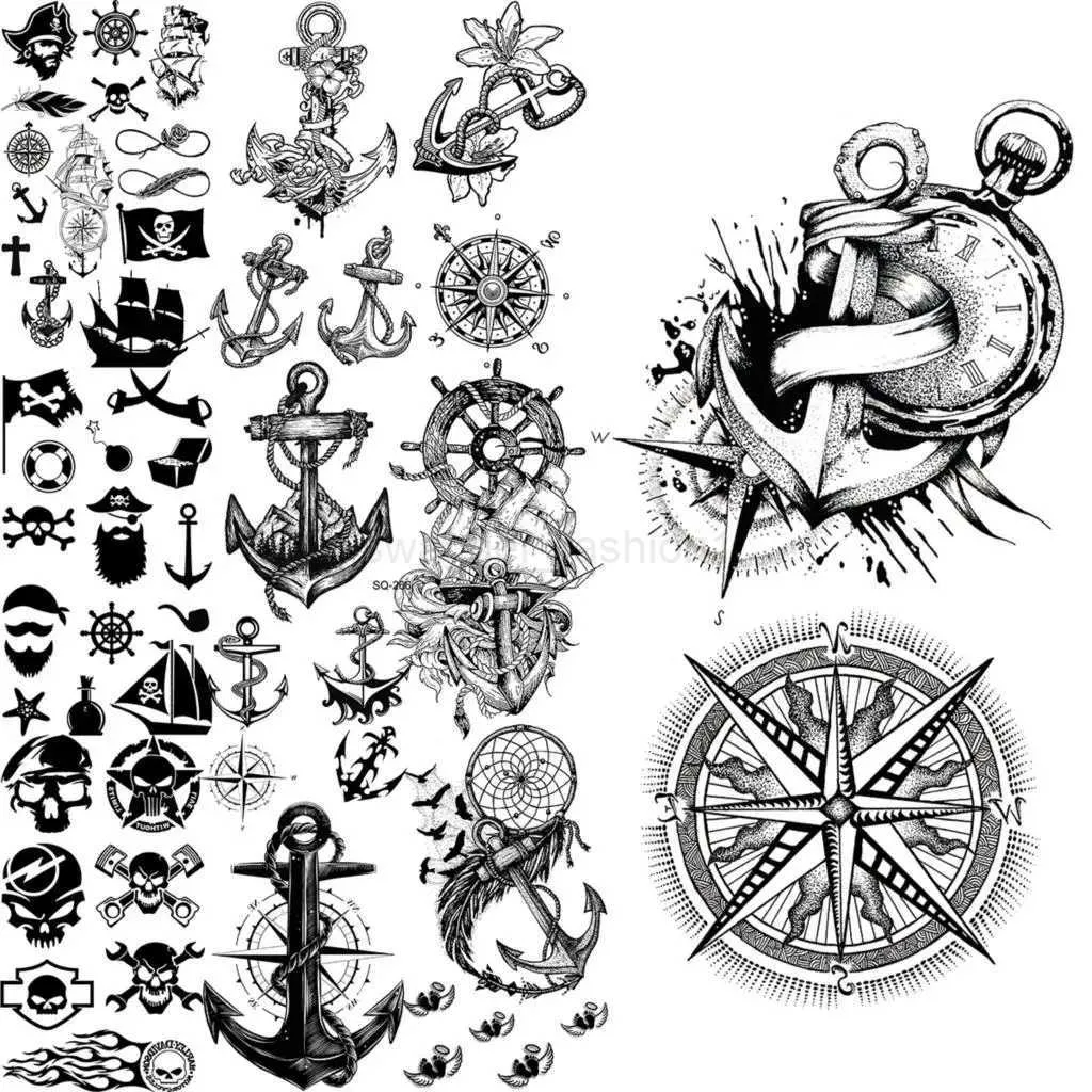 Realistic Fake Tattoo Anchor Compass Designs Temporary Tattoos For Men ...